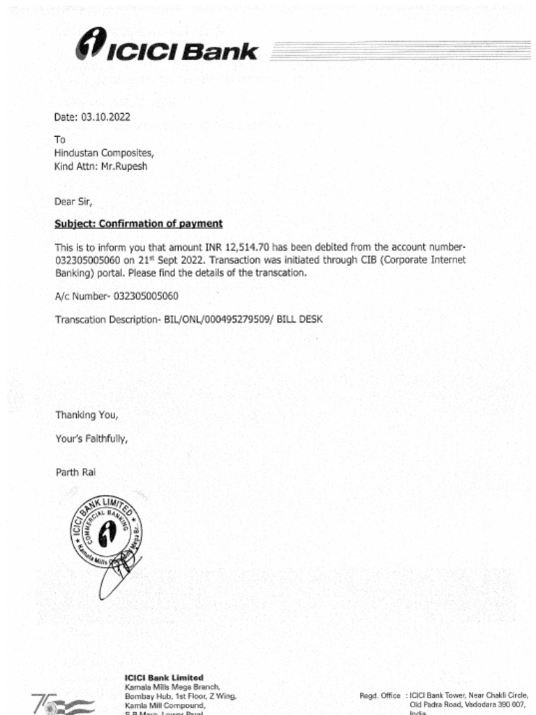 Inspection Charges Paid-Confirmation From ICICI Bank | PDF