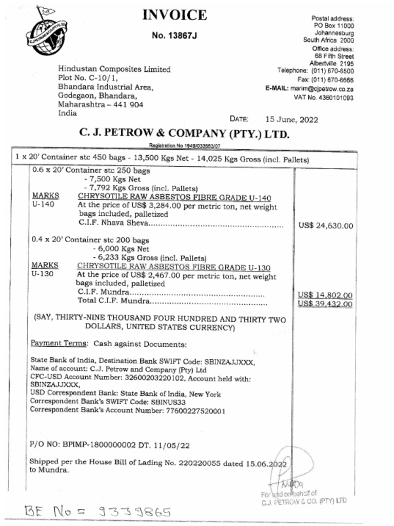 C J Petrow Invoice | PDF