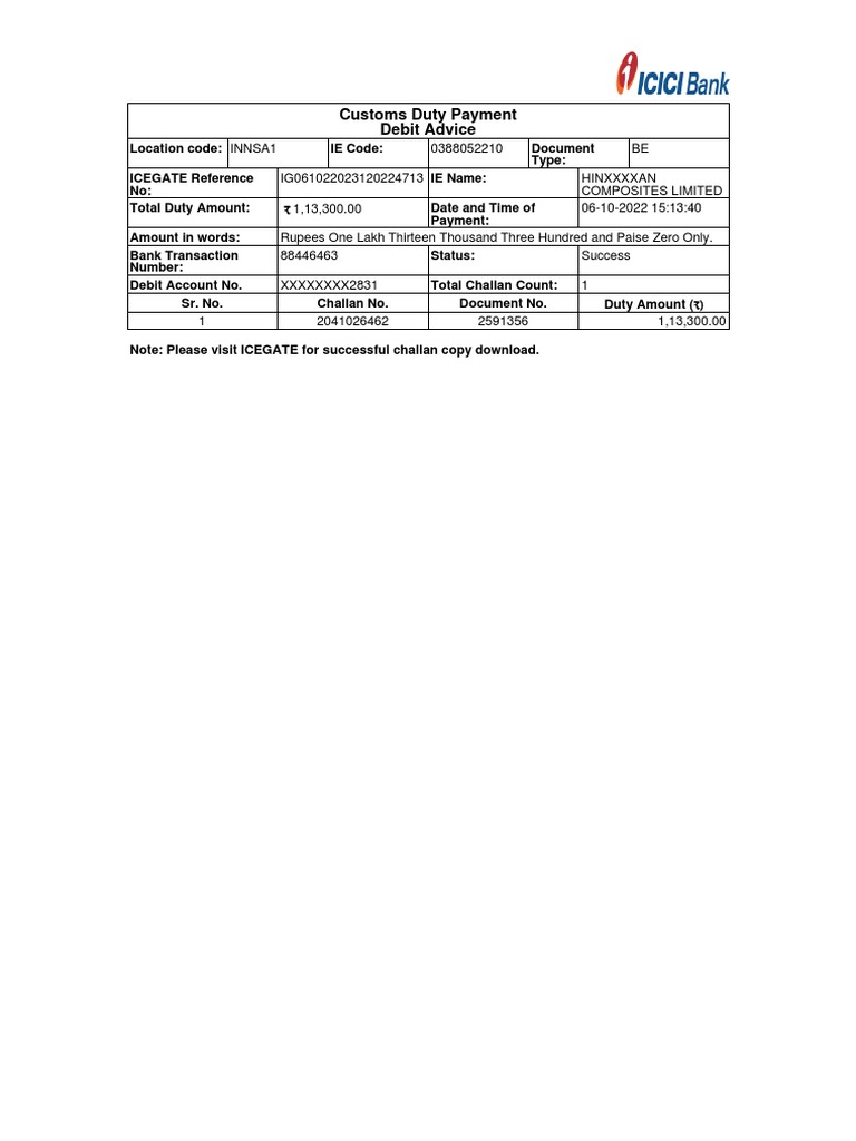 Custom Duty Paid Challan - 06.10.2022 | PDF