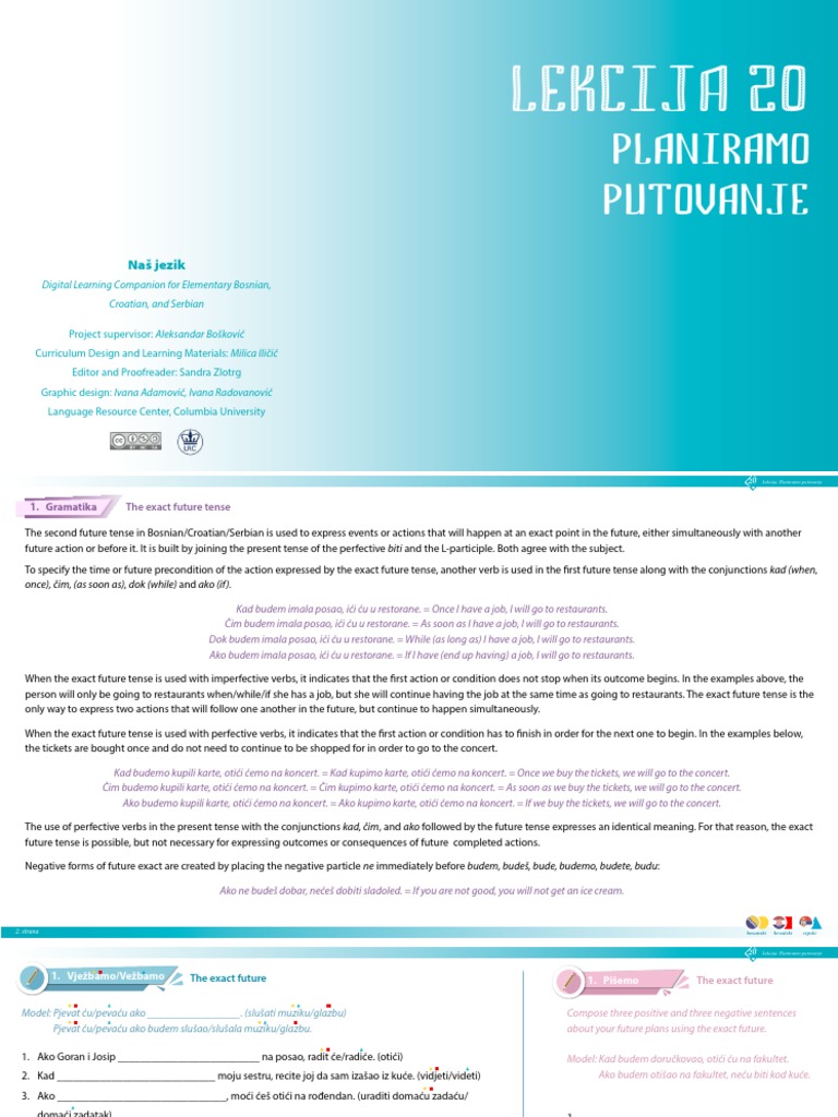 Lekcija 20 Planiramo Putovanje 1 | PDF | Grammatical Tense | Language Mechanics
