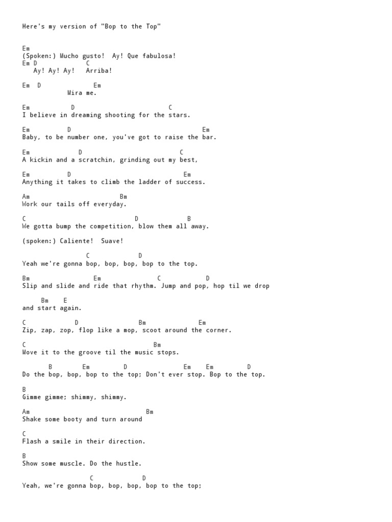 Bop to the Top Lyrics and Chords | PDF