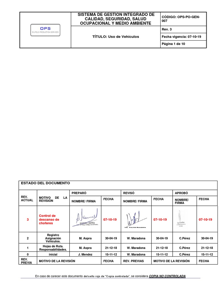 OPS-PO-GEN Nº007 Uso de Vehículos Rev3 PDF | PDF | Logística | Camión