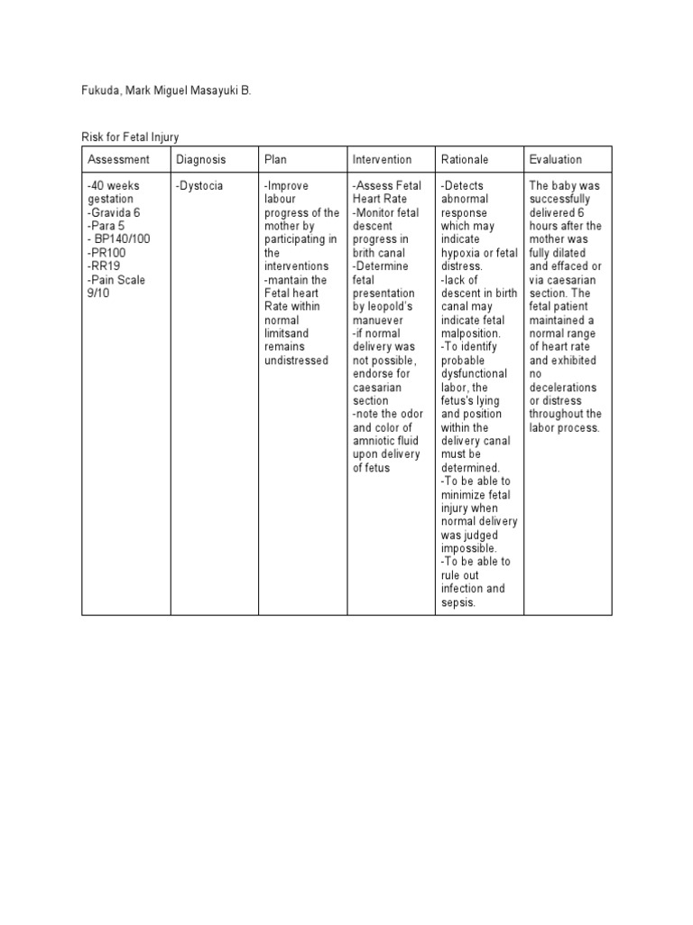 Nursing Care Plan Sample | PDF | Childbirth | Fetus