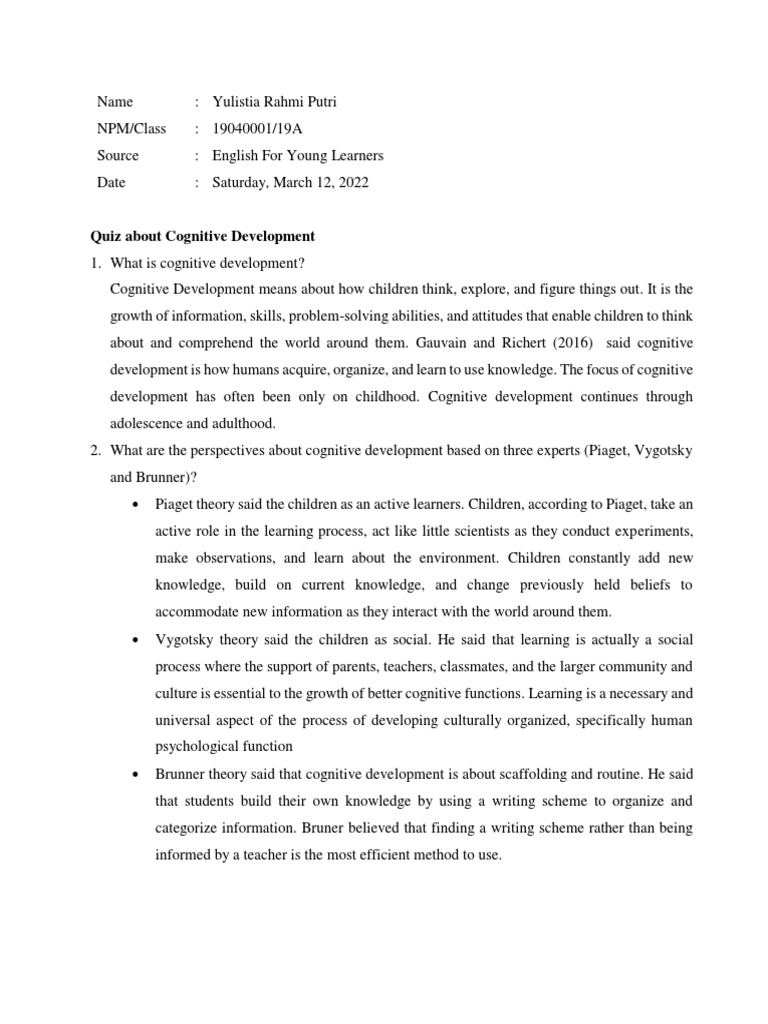 Yulistia Rahmi Putri 19040001 - Quiz Cognitive Development | PDF | Learning | Cognitive Development