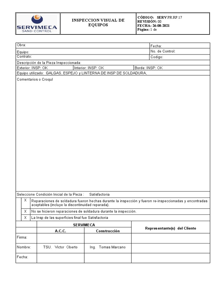 Reporte #6 Inspeccion de Equipos | PDF