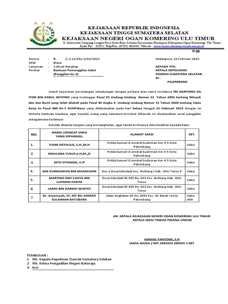 Panggilan Saksi Tri Haryono Ke-2 | PDF