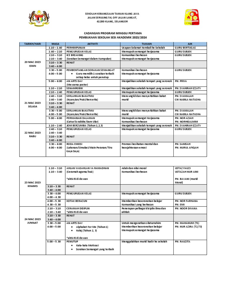 Program Minggu Pertama Pembukaan Sekolah | PDF