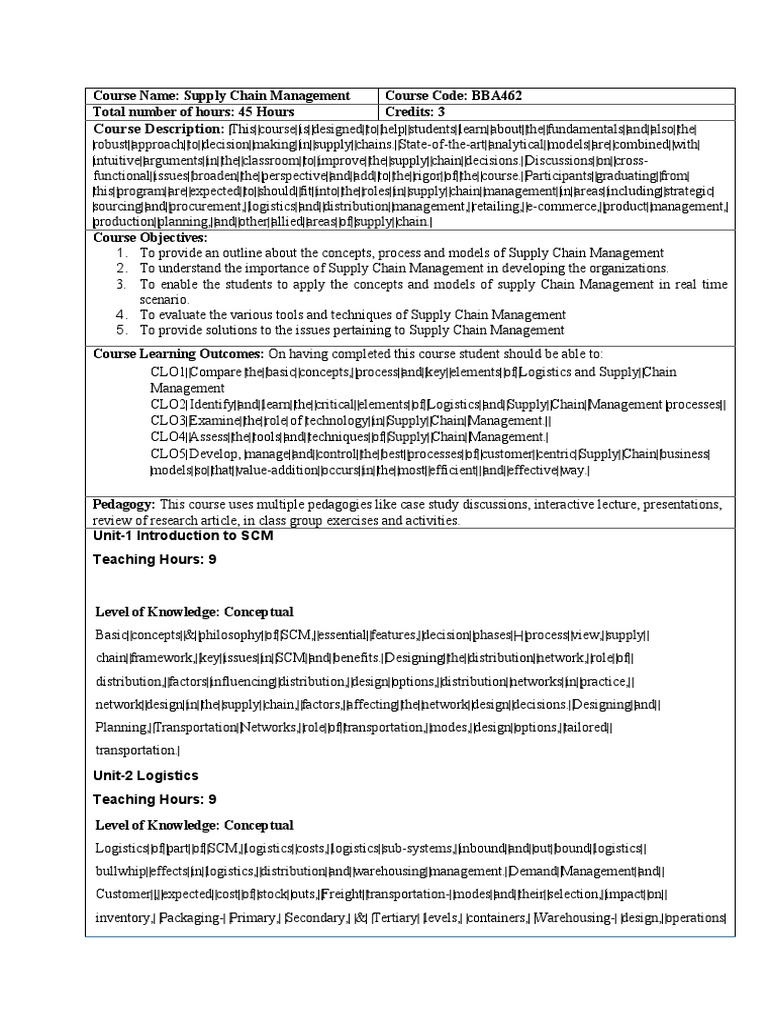 Supply Chain Management Course Plan | PDF | Supply Chain Management ...