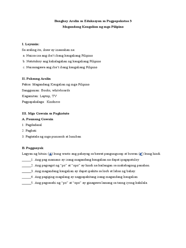 A Semi Detailed LP in ESP (Kaugalian NG Mga Pilipino) | PDF