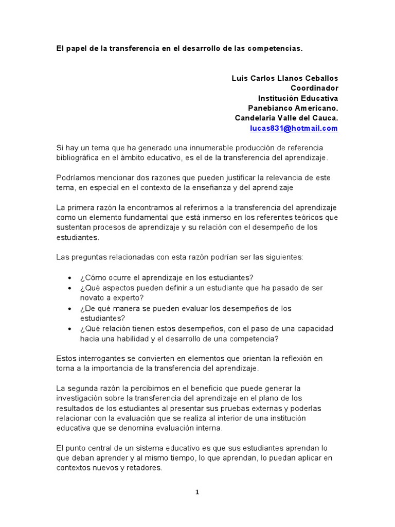 El Papel de La Transferencia en El Desarrollo de Competencias PDF | PDF | Aprendizaje | Evaluación
