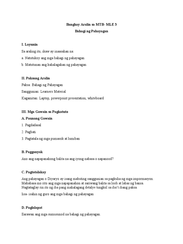 Semi Detailed Lesson Plan in MTB (Bahagi NG Pahayagan) | PDF