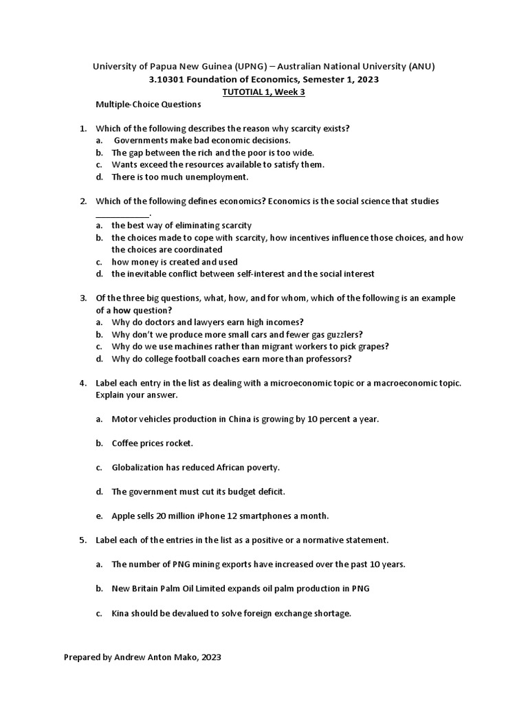 Tutorial 1 Week 3 | PDF | Economics | Papua New Guinea