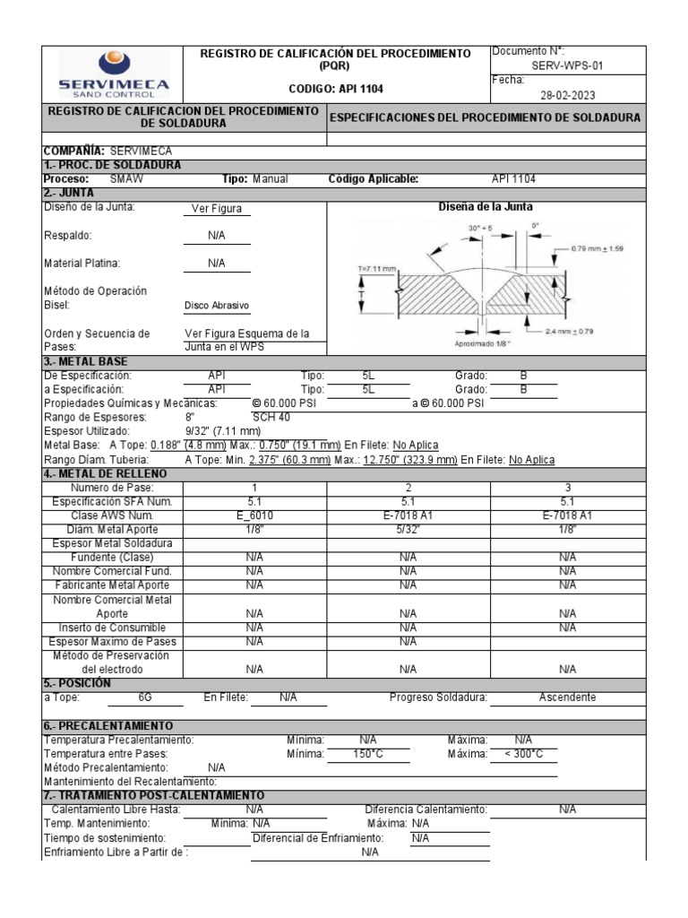 PQR Serv 001 Api 1104 | PDF | Soldadura | Construcción
