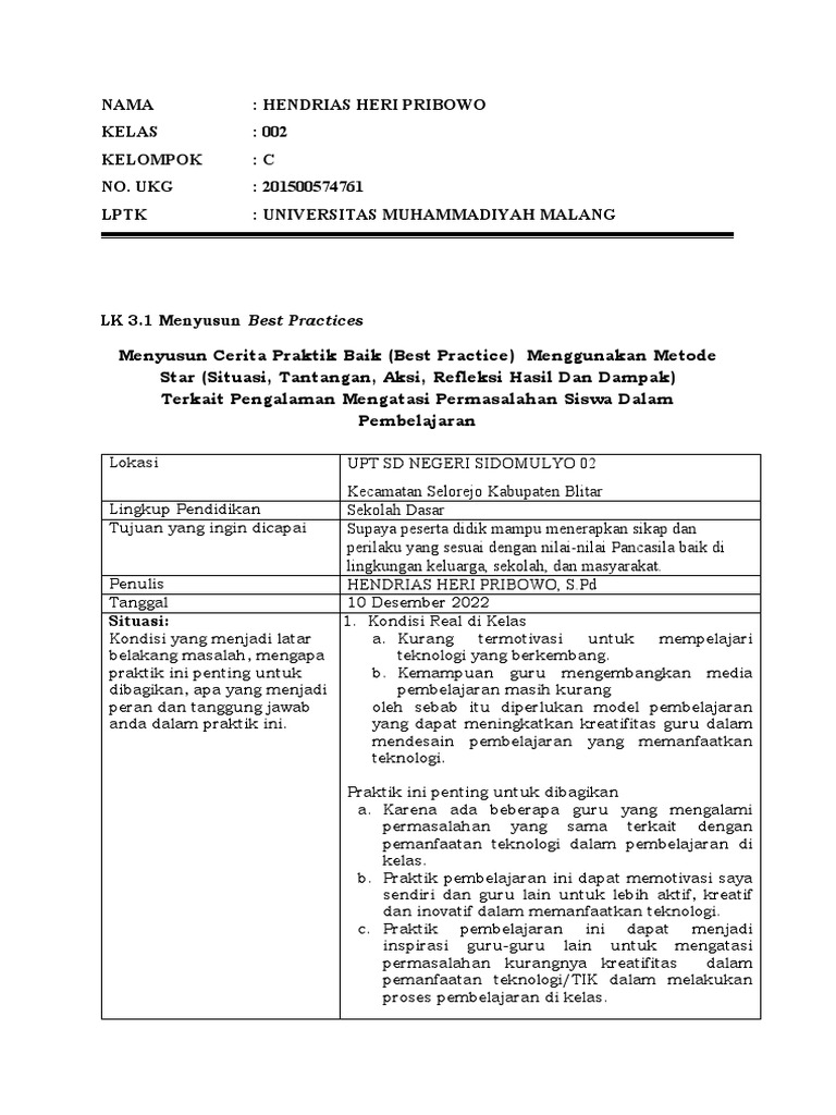 LK 3.1 Menyusun Best Practices - Hendrias Heri Pribowo - Aksi 1 | PDF