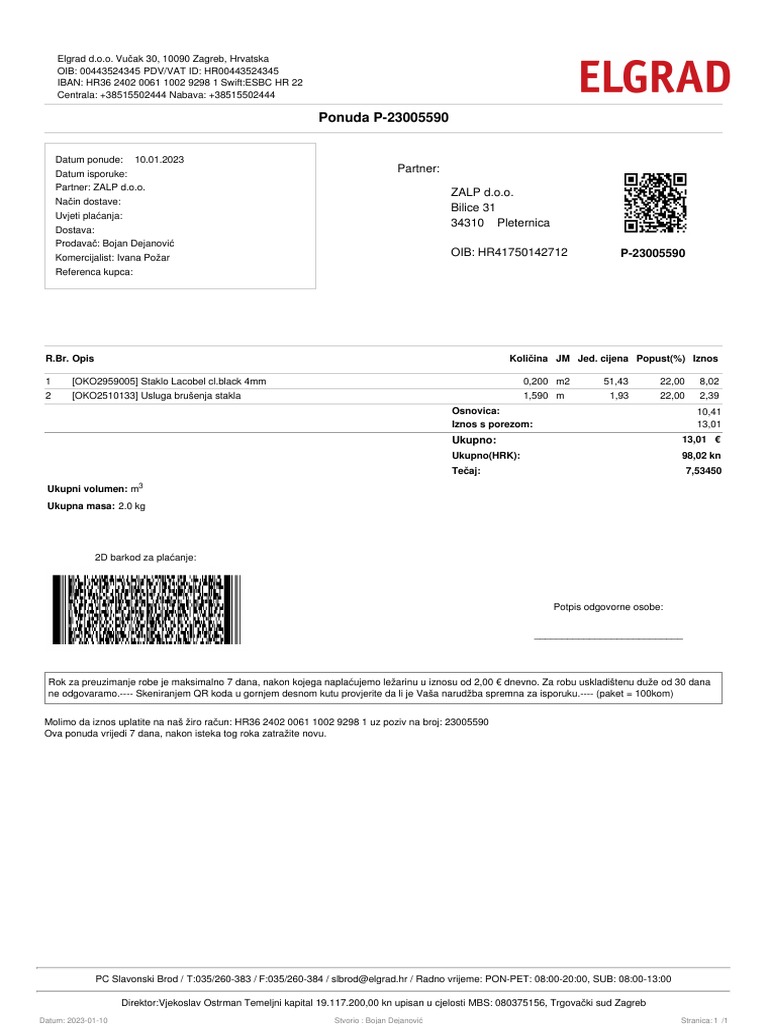 Ponuda P-23005590: Partner: ZALP D.O.O. Bilice 31 34310 Pleternica OIB: HR41750142712 | PDF