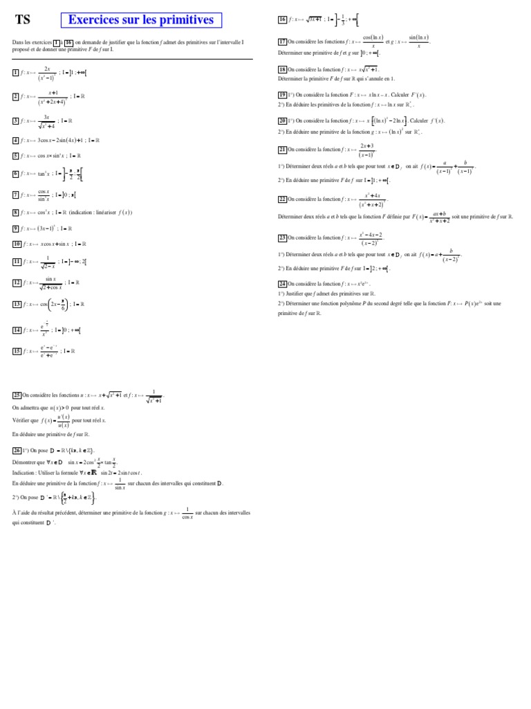 Exercices de Primitives en Mathématiques | PDF | Mathématiques ...