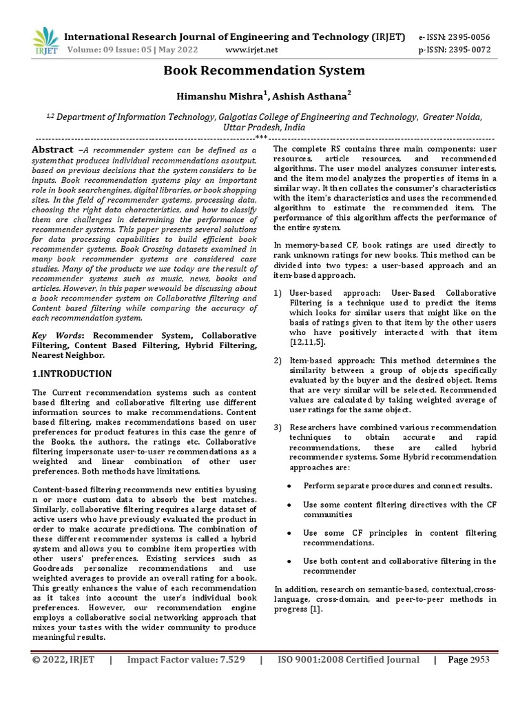 Book Recommendation System | PDF | Computer Science | Information Science