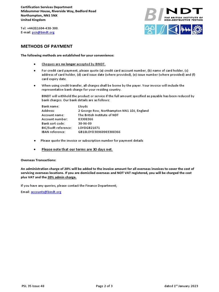 Payment Methods for BINDT Services | PDF