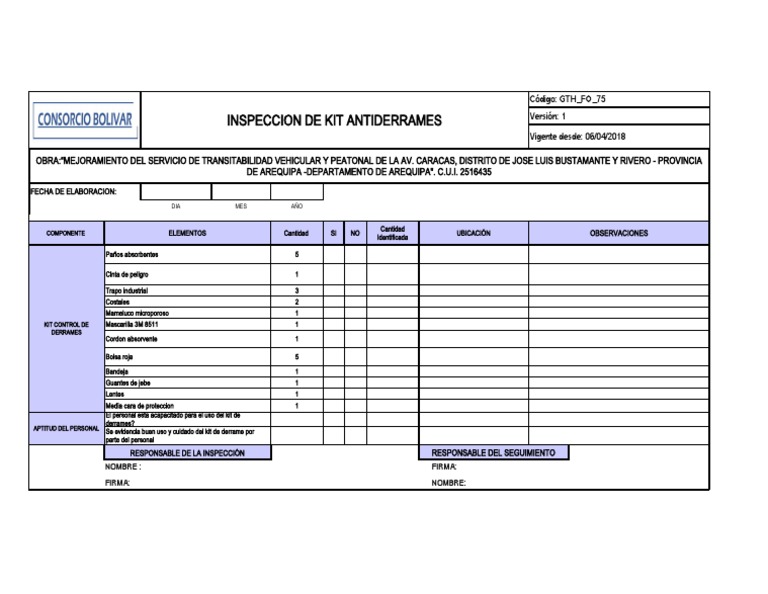 FORMATO CHECK LIST KIT ANTI DERRAMES | PDF
