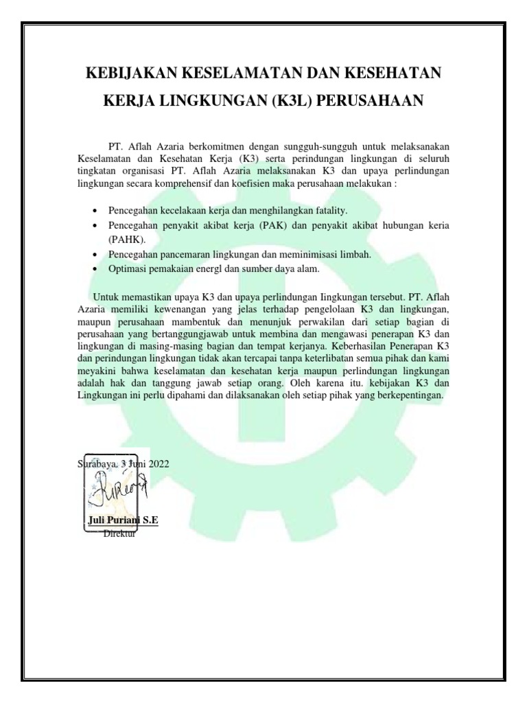 1.kebijakan K3L Perusahaan Ok | PDF