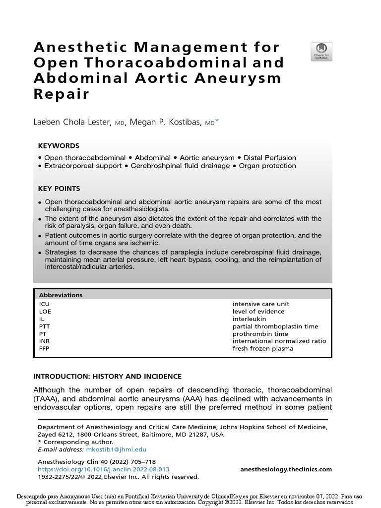 2022 - Anesthetic Management For Open Thoracoabdominal and Abdominal ...