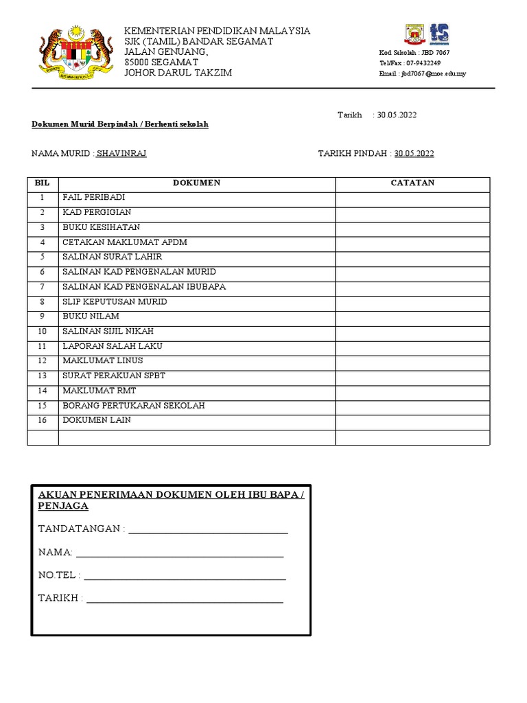 Senarai Semak Pindah Sekolah | PDF