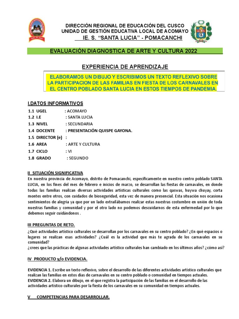 Ficha De Evaluacion Diagnostica Arte Y Cultura 2022 Pdf Dibujo 4739