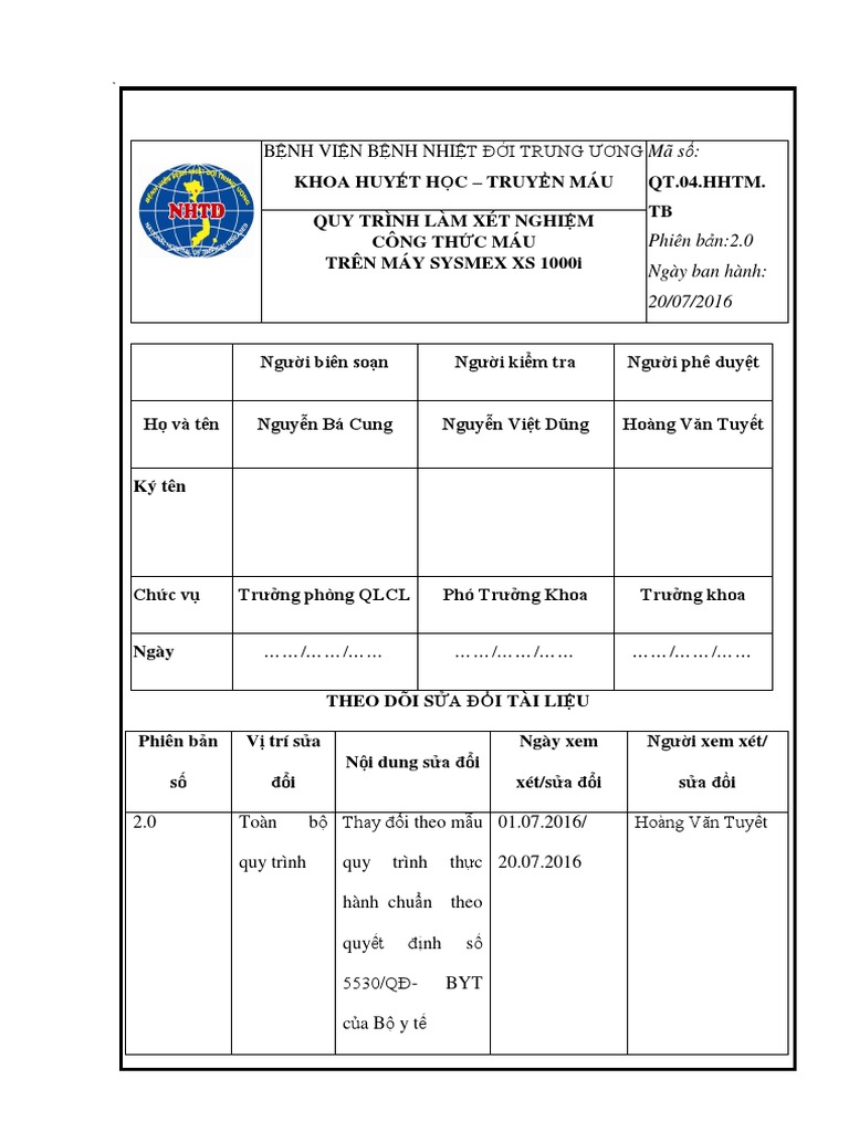 QUY TRINH LAM XET NGHIEM CONG THUC MAU TREN MAY SYSMEX XS 1000i PDF | PDF