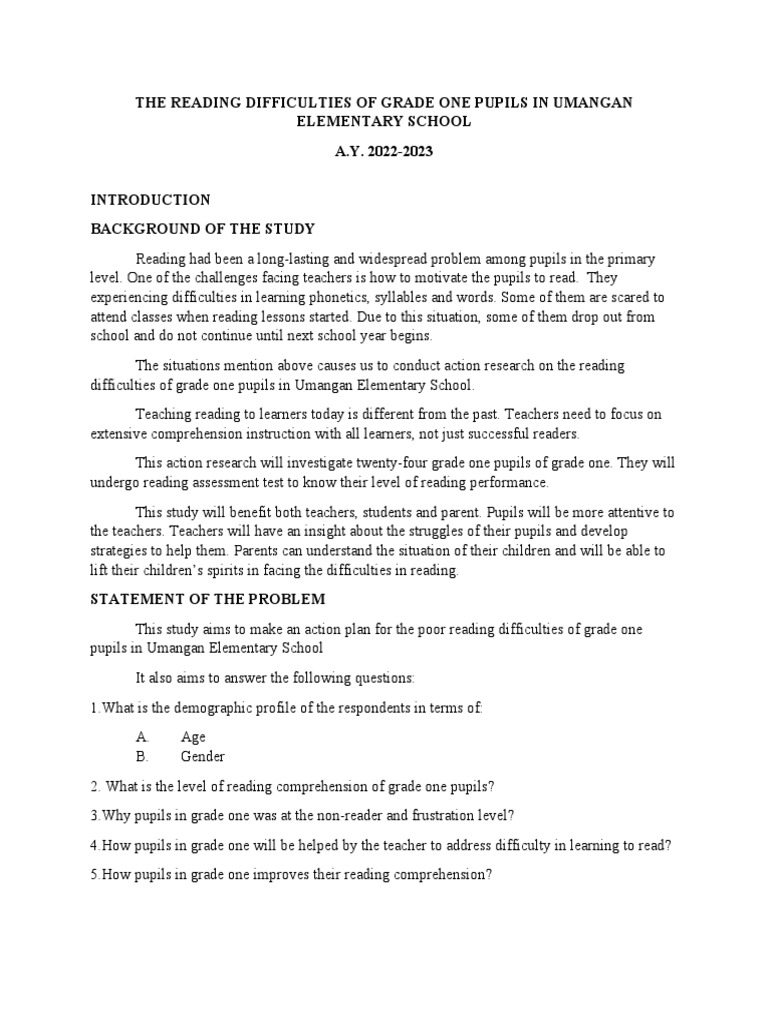 The Reading Difficulties of Grade One Pupils in Umangan Elementary ...