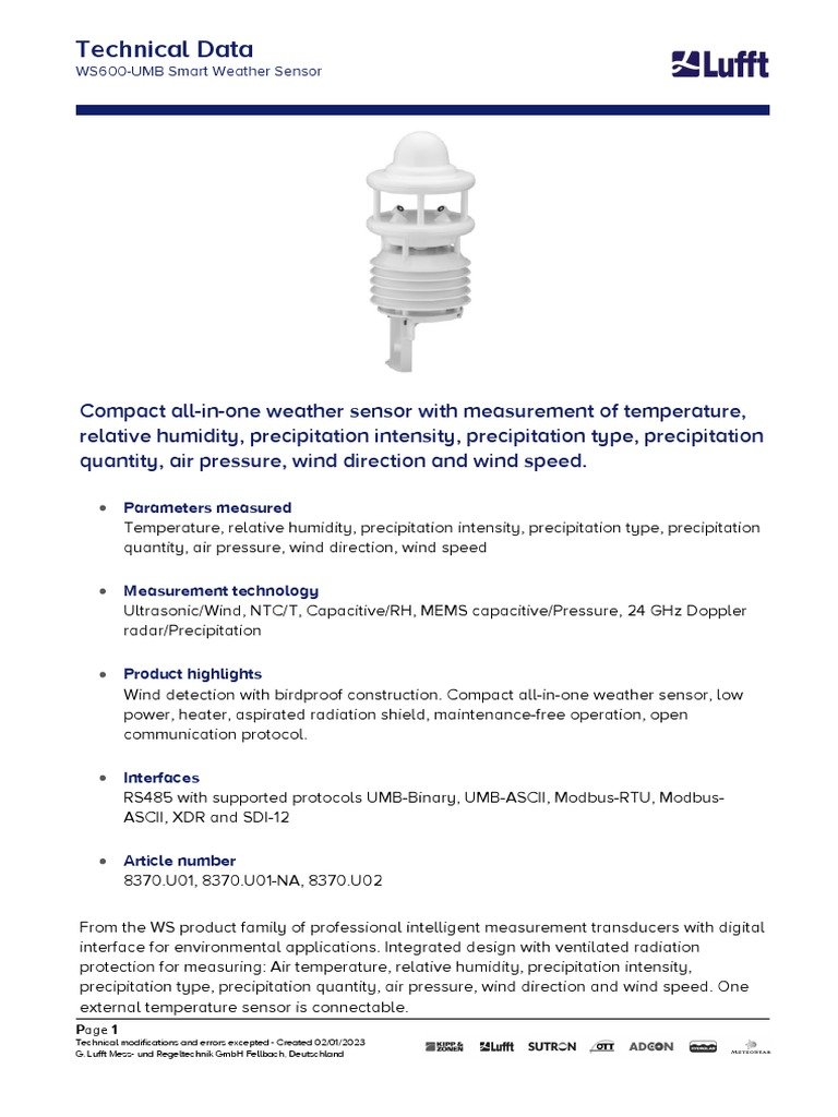 WS600-UMB Smart Weather Sensor Specs | PDF | Precipitation | Sensor