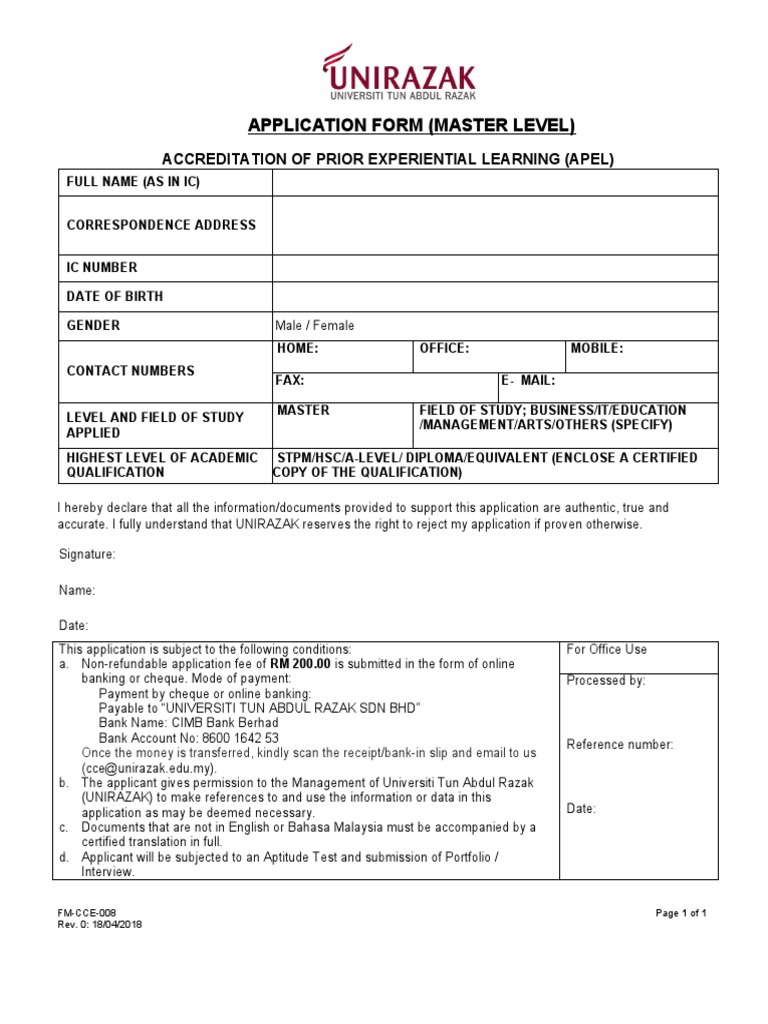 Master APEL Application Form | PDF