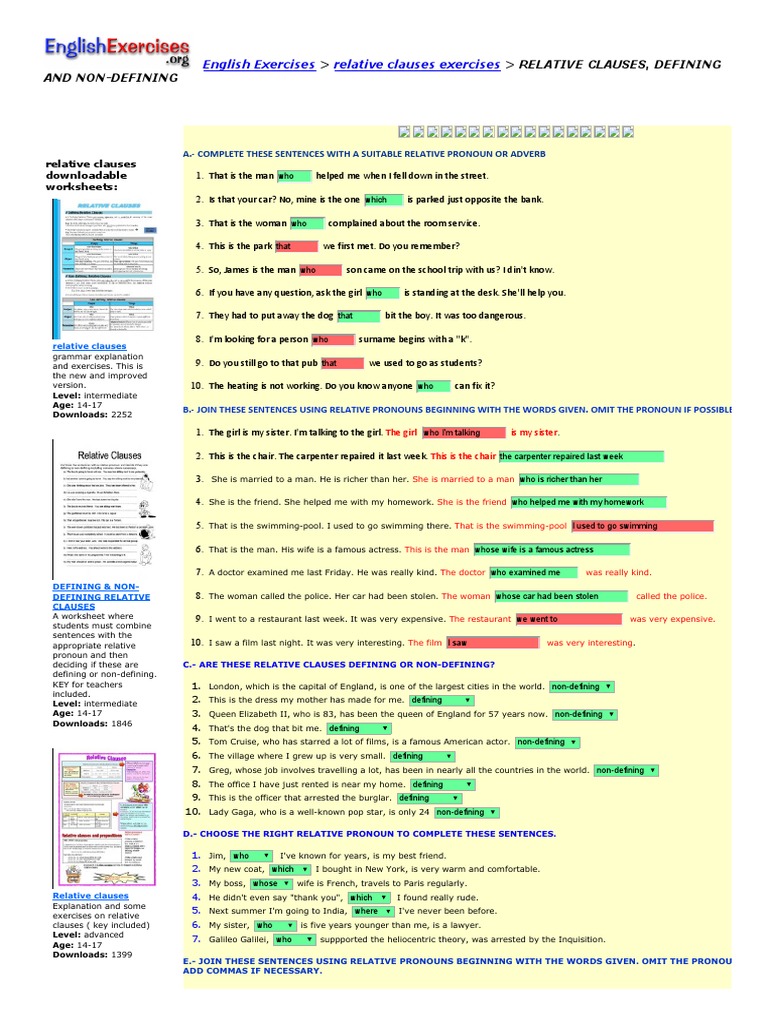 English Exercises - RELATIVE CLAUSES, DEFINING AND NON-DEFINING Corr ...