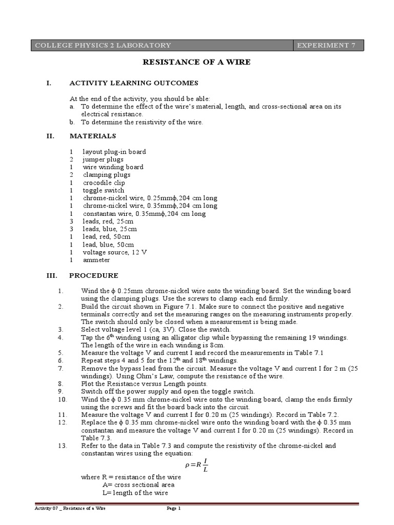 A7 Resistance of A Wire | PDF | Electrical Resistance And Conductance ...