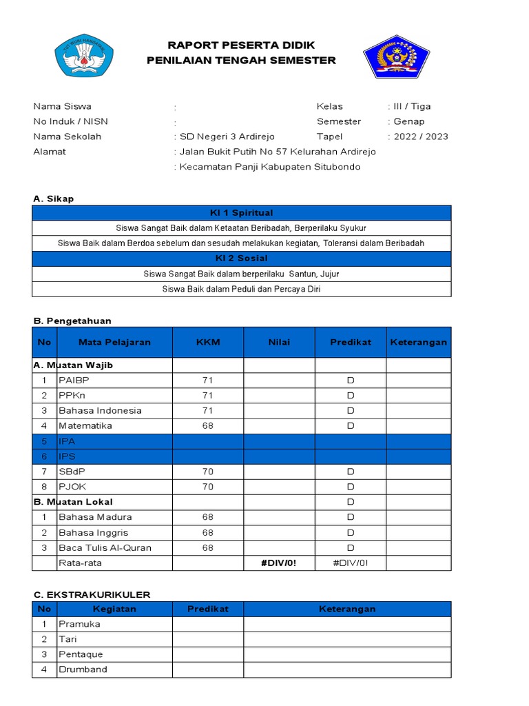 Kelas 3 Raport PTS Ganjil 2022 | PDF