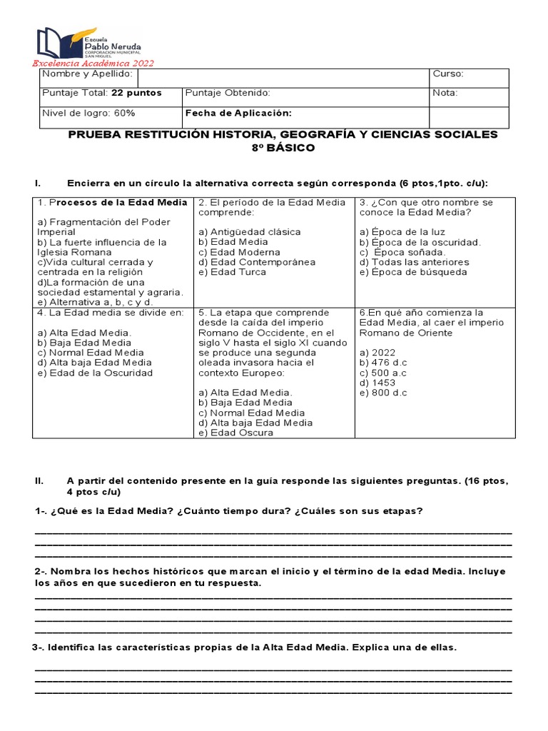 Prueba de HIstoria 8vo Basico Mayo | PDF | Edades medias | imperio Romano