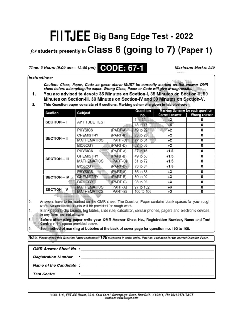 Sample+paper Bbe 2022 Class Vi P1 At+pcbm PDF | PDF | Area | Water