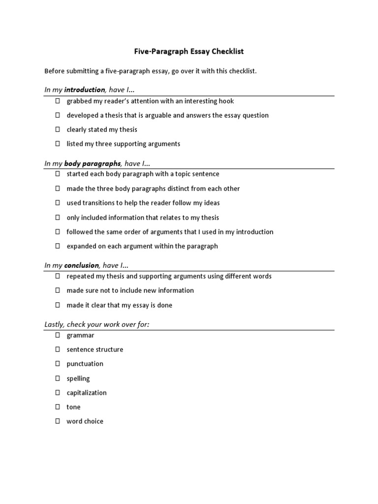 Five Paragraph Essay Checklist 11xz69b | PDF