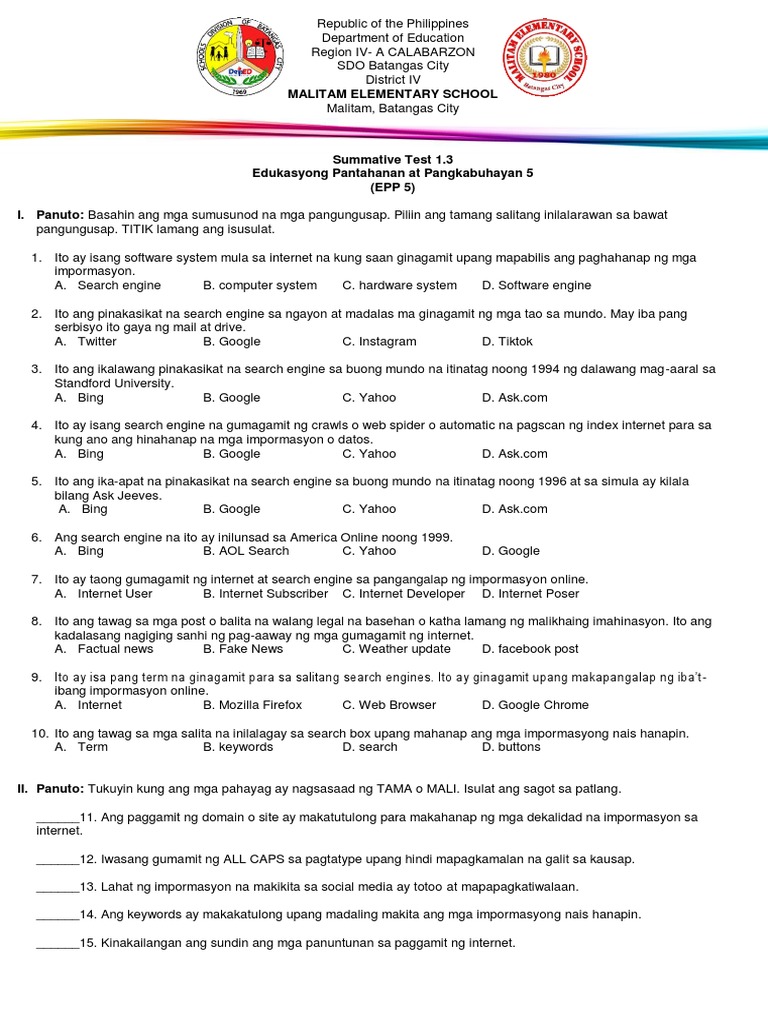 EPP 5 Q1-Summative Test 1.3 | PDF