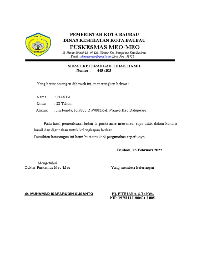 SURAT KETERANGAN TIDAK HAMIL.docx | PDF