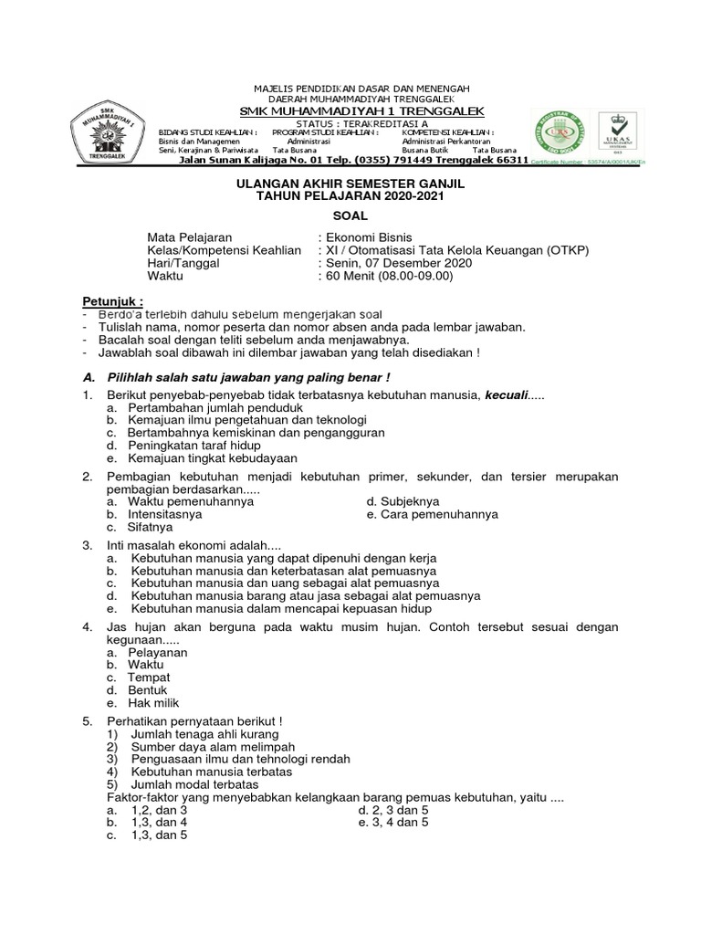 Soal PAS Ekonomi Bisnis - Semester 1 - 2020 | PDF