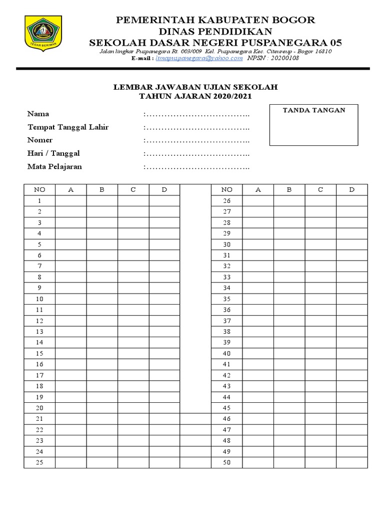 Lembar Jawaban Ujian Sekolah | PDF