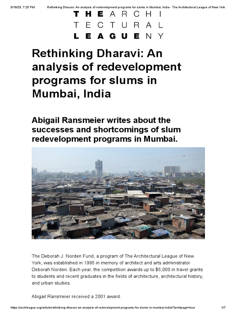 Rethinking Dharavi - An Analysis of Redevelopment Programs For Slums in ...
