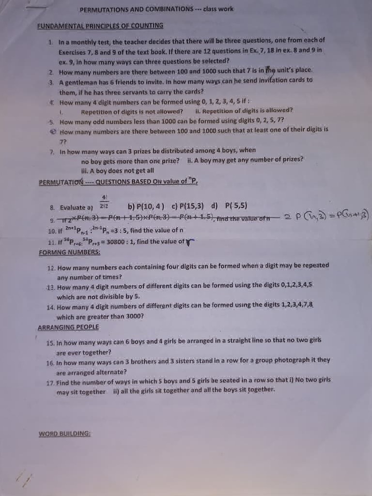 Permutations and Combinations Worksheet | PDF | Permutation | Mathematics