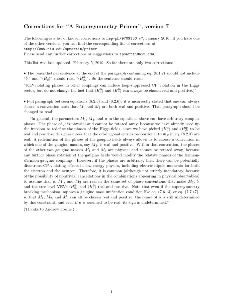 A Supersymmetry Primer 7th Ed Corrections by Martin | PDF | Physical Sciences | Physics