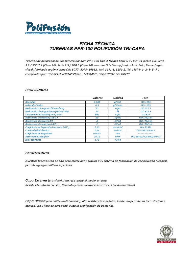 Ficha Técnica Tuberias PPR 100 | PDF | Materiales | Ciencias fisicas