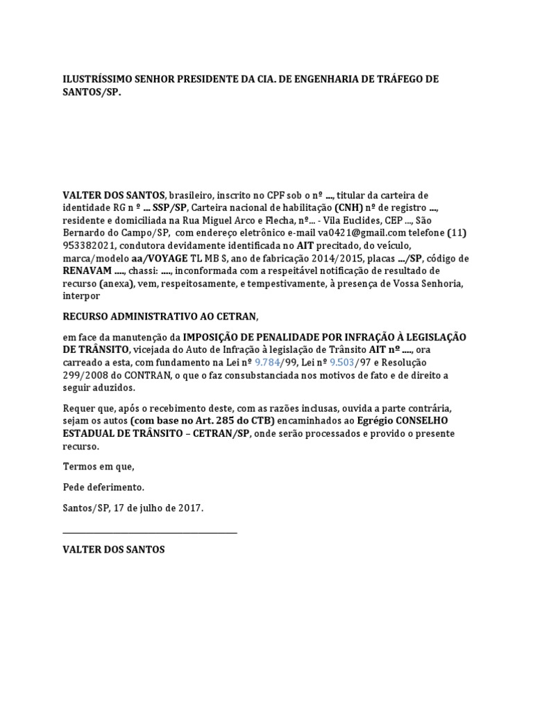 Modelo Multa de Transito Recurso Administrativo Ao Cetran | PDF ...