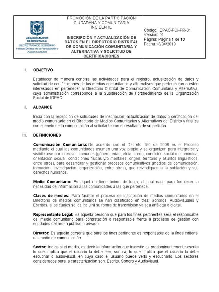 IDPAC PCI PR 01 Procedimiento Medios Comunitarios | PDF | Contraseña ...