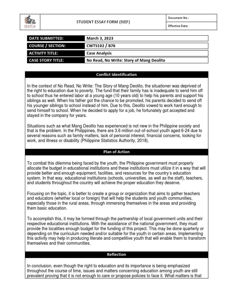 Case Analysis Essay No Read, No Write - Story of Mang Deolito | PDF