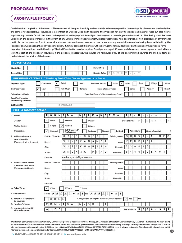 0 Proposal Form Arogya Plus SUBMITTED BY Markandeya Raju PDF | PDF | Insurance | Money Laundering