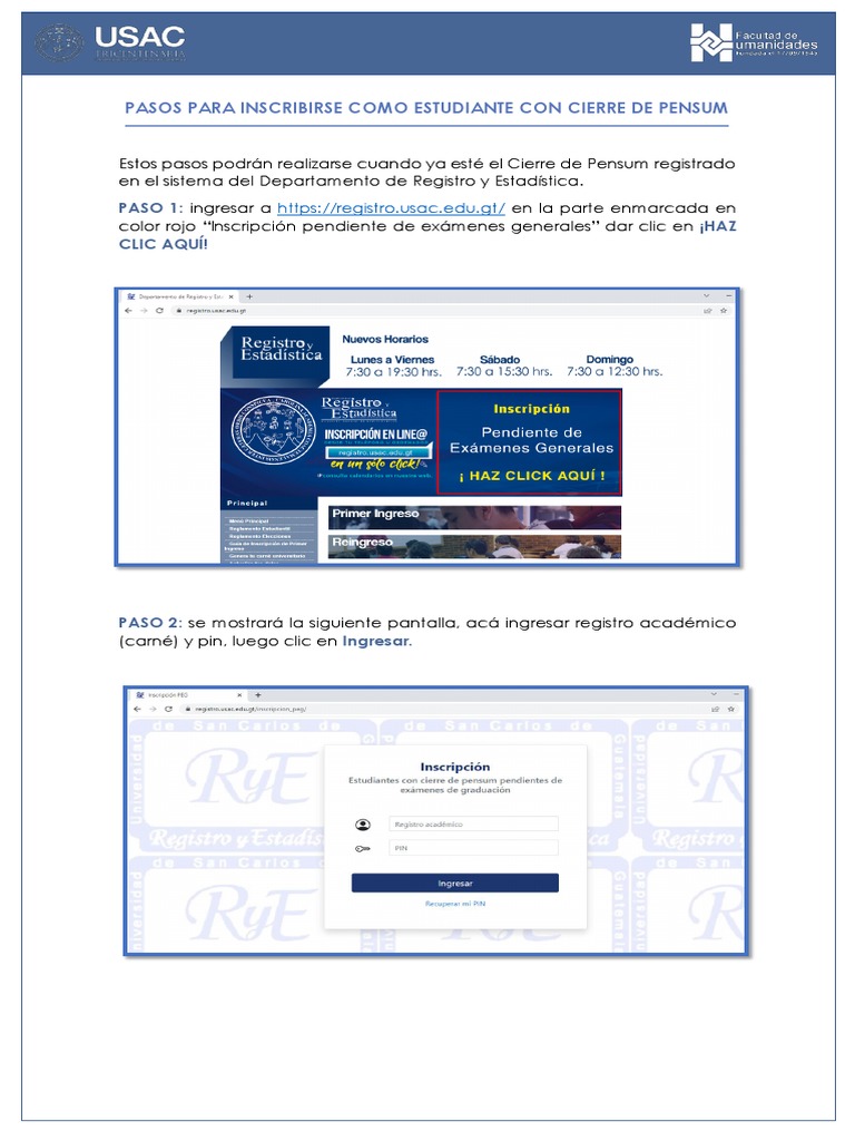 Pasos para Inscribirse Como Estudiante Con Cierre de Pensum y Generar Solvencia General | PDF